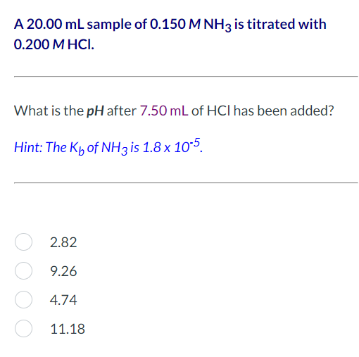 Solved A 20.00mL ﻿sample of 0.150MNH3 ﻿is titrated | Chegg.com