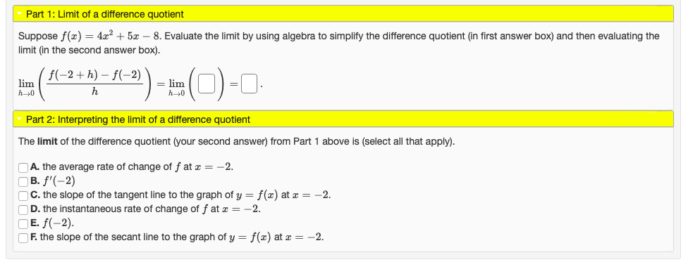 Solved Part 1: Limit of a difference quotient Suppose f(x) = | Chegg.com