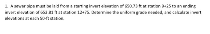 Solved 1. A sewer pipe must be laid from a starting invert | Chegg.com