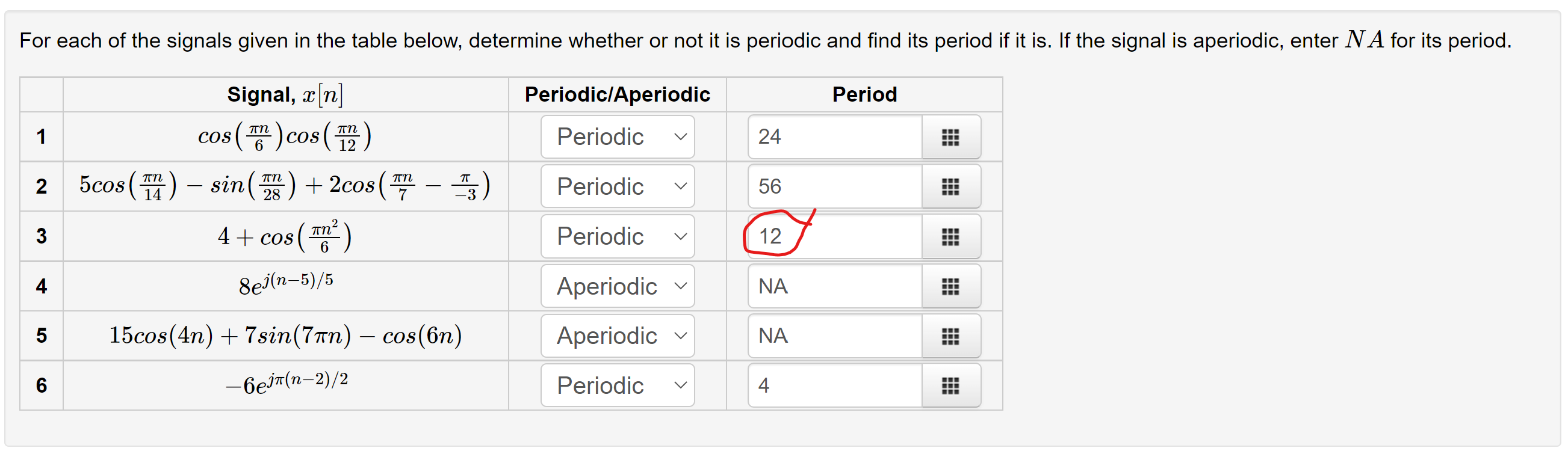 Solved For each of the signals given in the table below, | Chegg.com