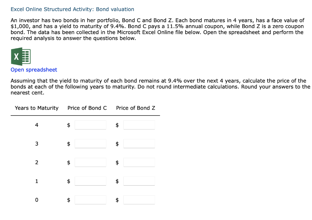 Solved Excel Online Structured Activity: Bond valuation An | Chegg.com