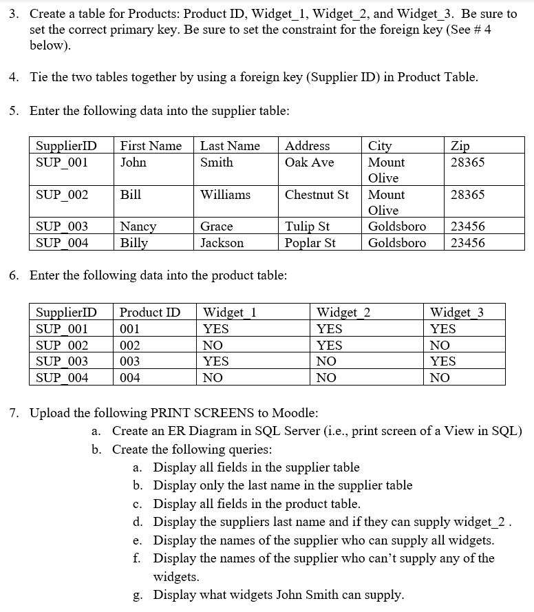 Solved 3. Create a table for Products: Product ID, Widget_1, | Chegg.com