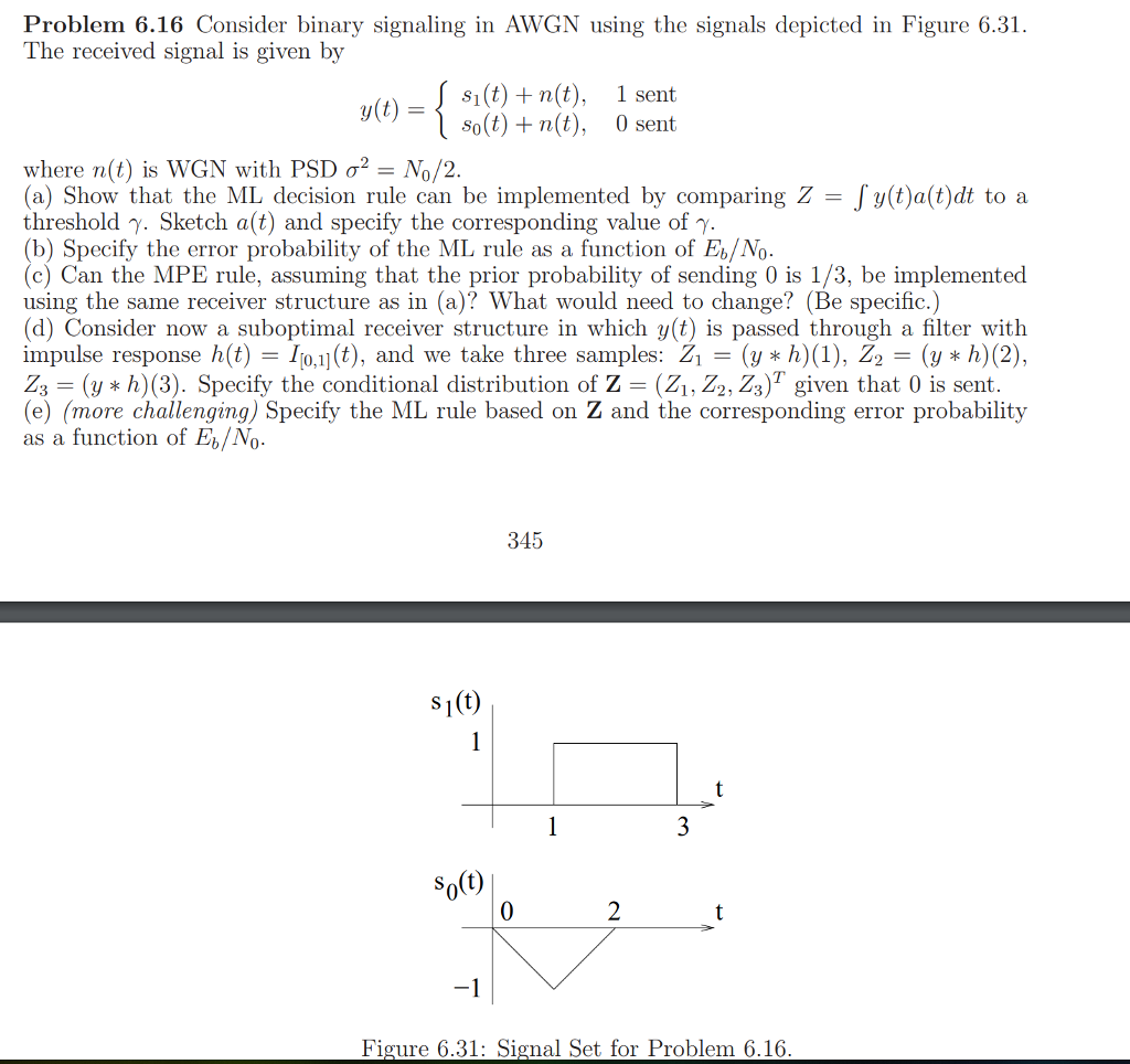 Solved Problem 6.16 Consider binary signaling in AWGN using | Chegg.com