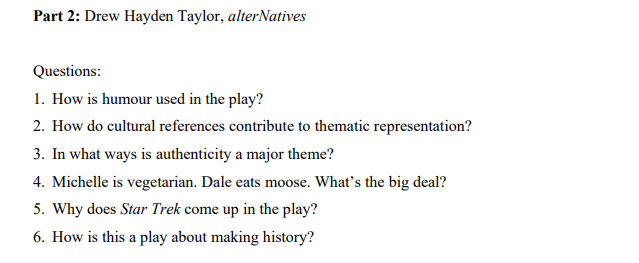 Part 2: Drew Hayden Taylor, alterNatives Questions: | Chegg.com
