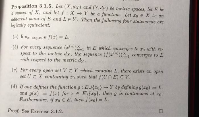 Solved Proposition 3.1.5. Let X) and (Y.dy) be metric | Chegg.com