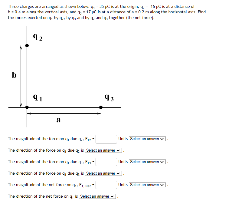 [Solved]: Three charges are arranged as shown below: ( q_