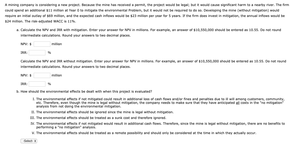Solved IRR: Calculate the NPV and IRR without mitigation. | Chegg.com