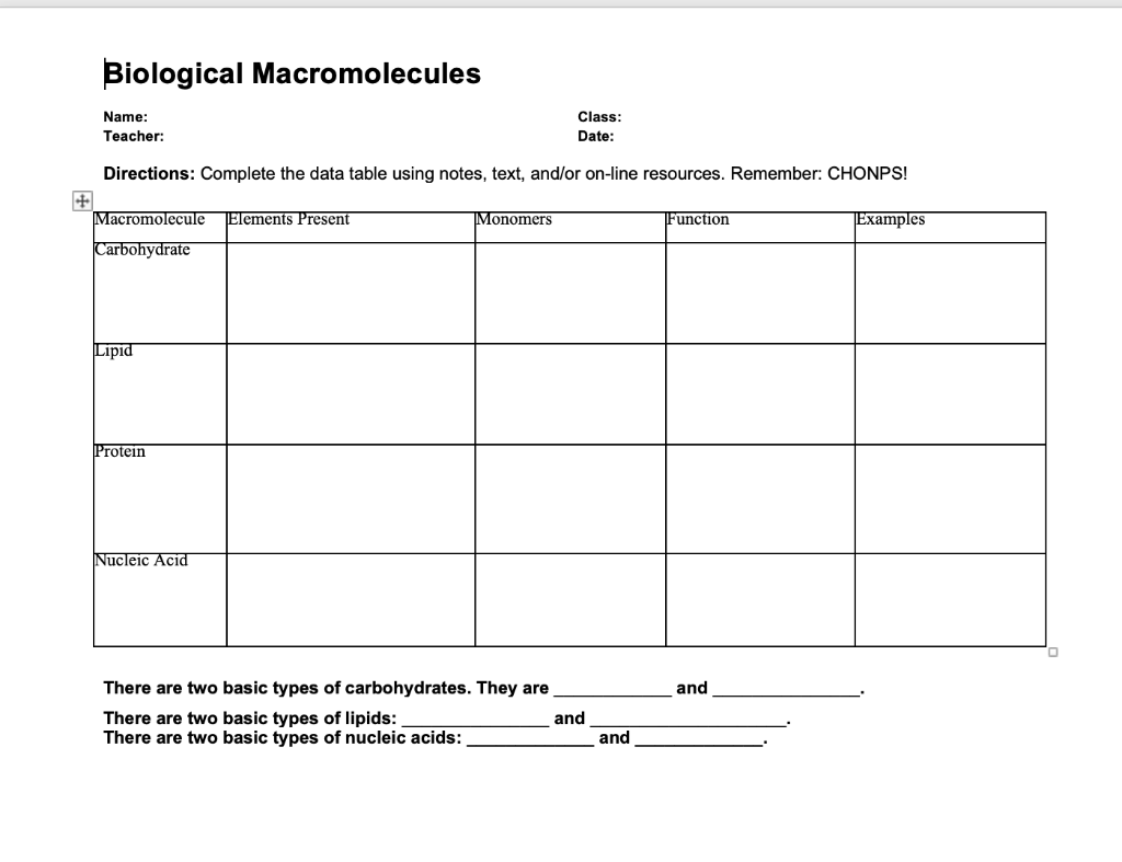 Solved Biological Macromolecules Name: Teacher: Class: Date: | Chegg.com