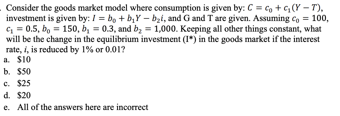 Solved Consider the goods market model where consumption is | Chegg.com