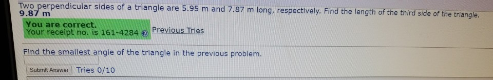 Solved Two perpendicular sides of a triangle are 5.95 m and | Chegg.com