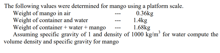Solved The following values were determined for mango using | Chegg.com