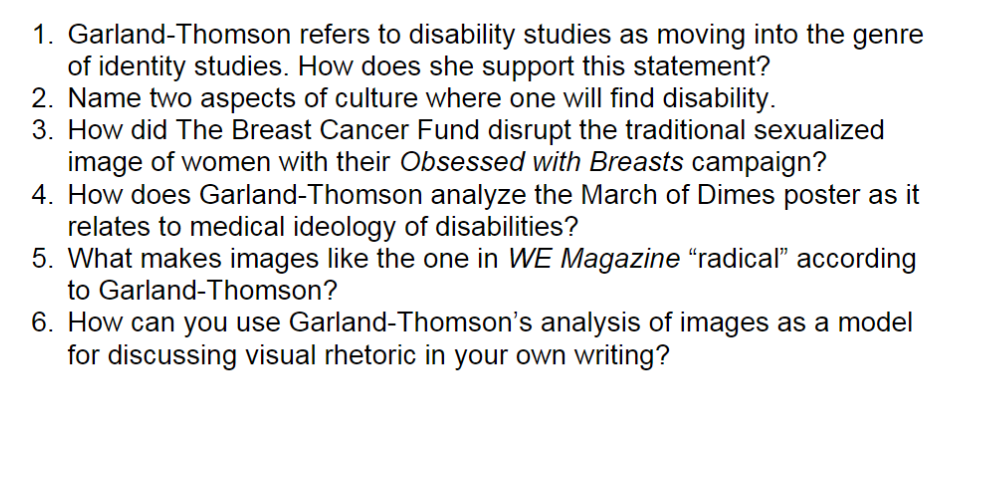 1. Garland-Thomson refers to disability studies as | Chegg.com