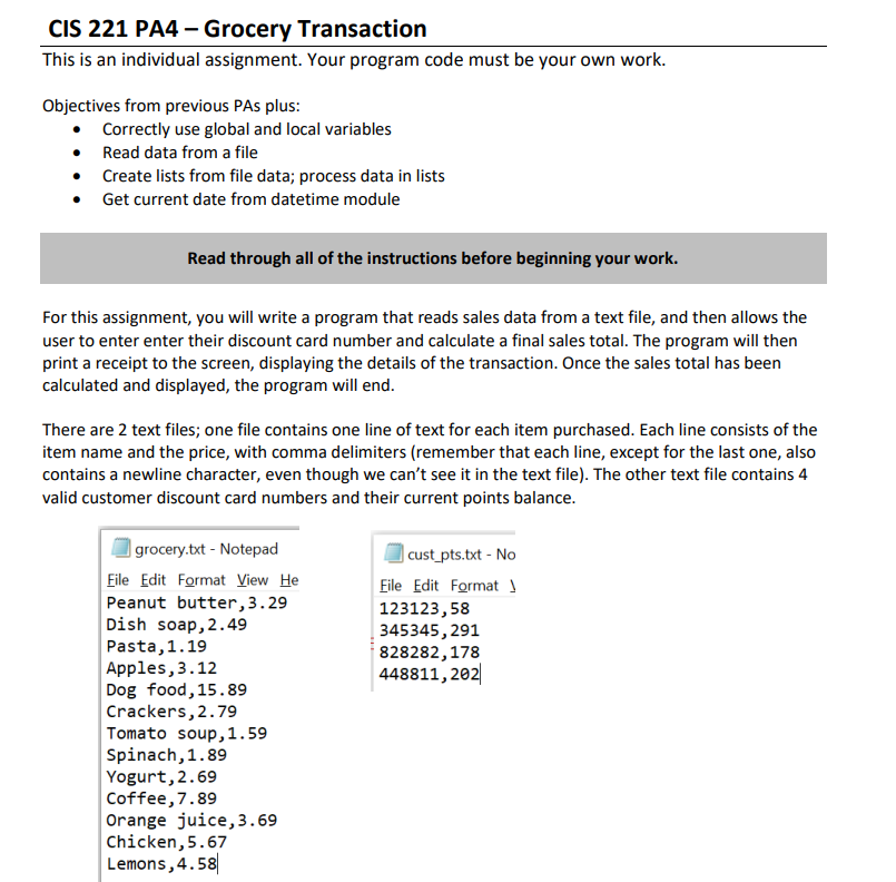 CIS 221 PA4 - Grocery Transaction This is an | Chegg.com