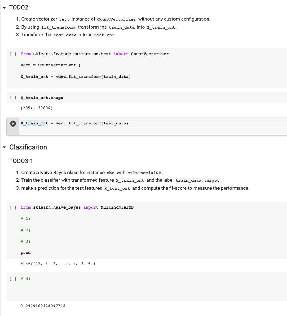 Solved TODO2 1. Create vectorizer vect instance of | Chegg.com