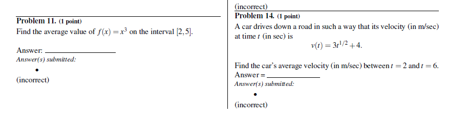 Solved Problem 11. (1 point) Find the average value of | Chegg.com
