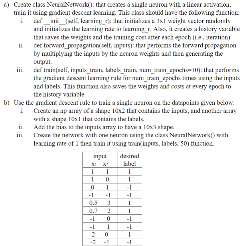 Solved a) Create class NeuralNetwork(): that creates a | Chegg.com