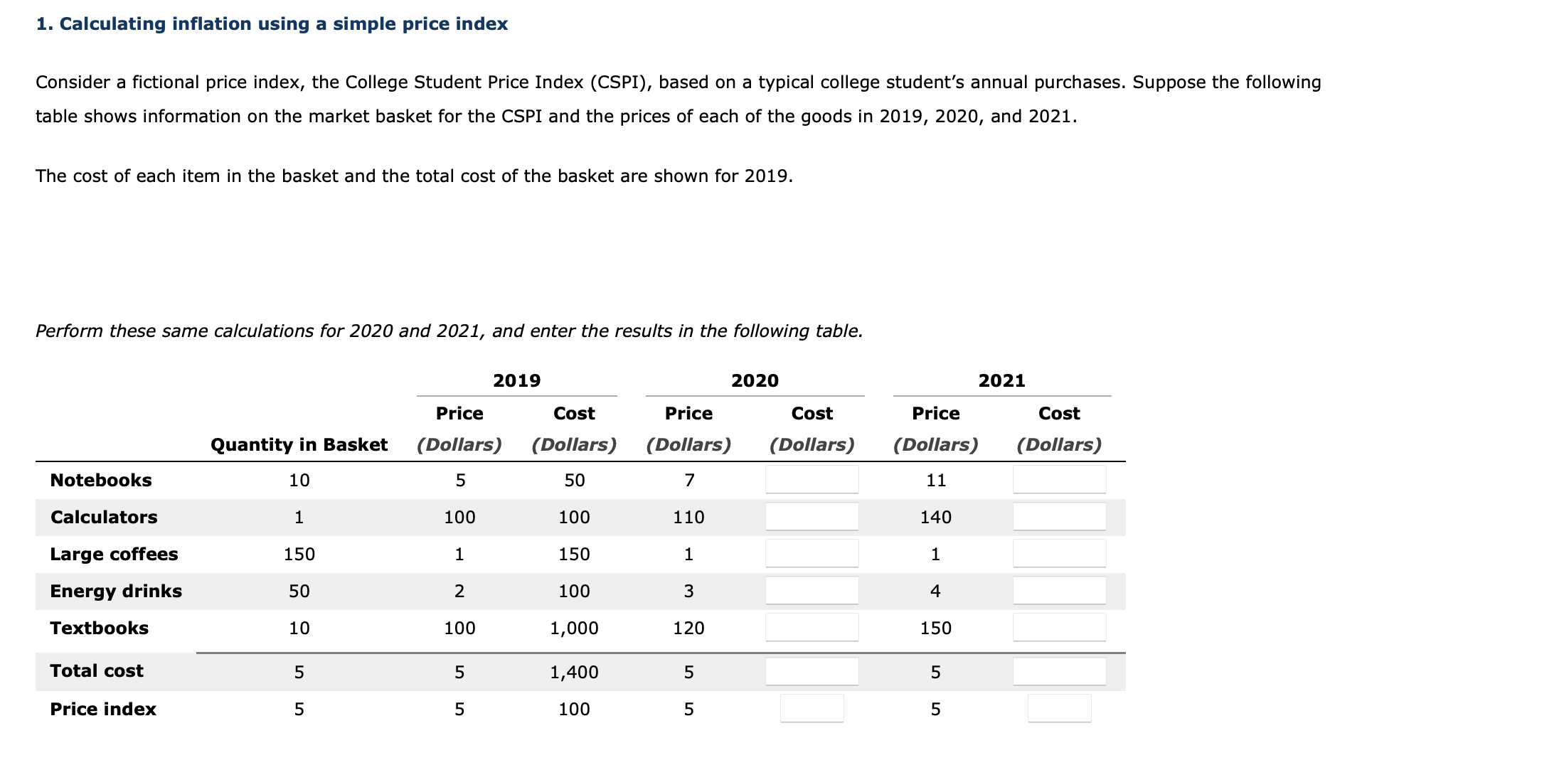 Solved 1. Calculating inflation using a simple price index | Chegg.com
