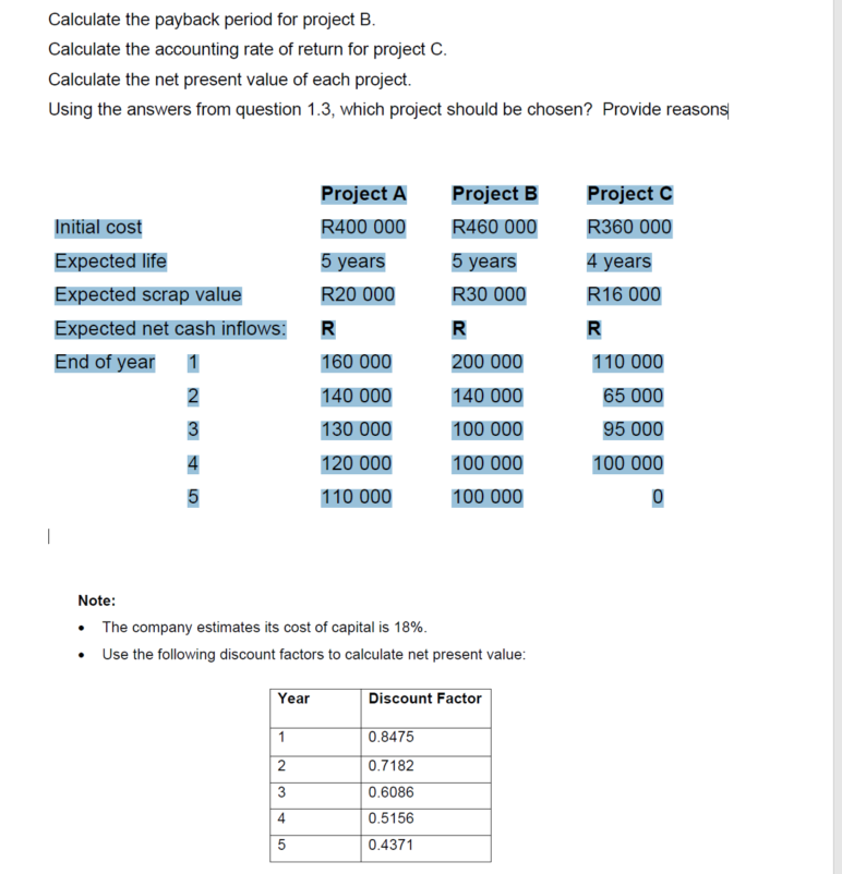 Solved Calculate the payback period for project B. Calculate | Chegg.com
