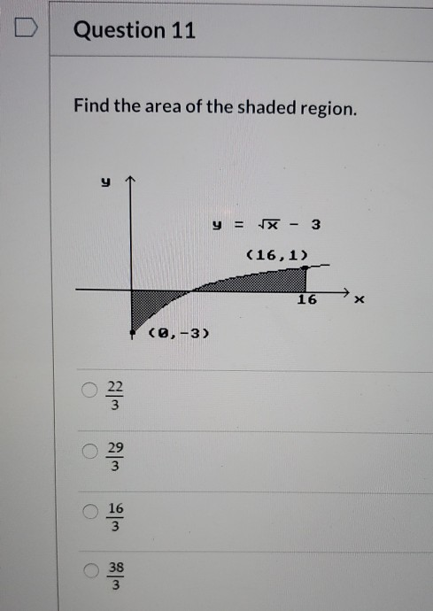 Solved Question 11 Find the area of the shaded region. و = X | Chegg.com