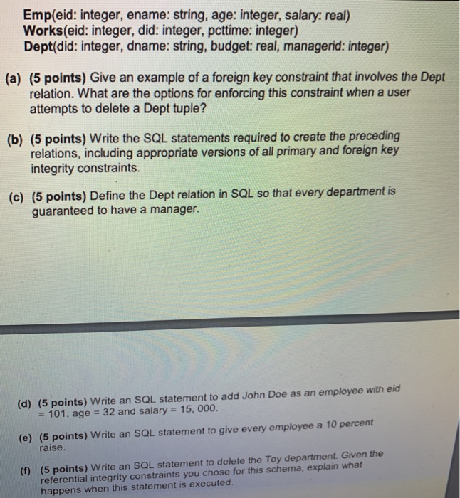 Solved Emp(eid: integer, ename: string, age: integer, | Chegg.com