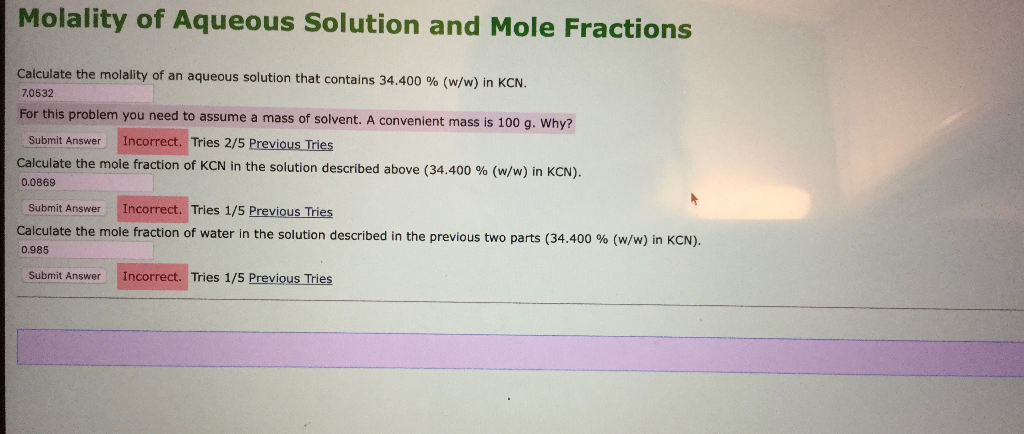 Solved Molality of Aqueous Solution and Mole Fractions | Chegg.com