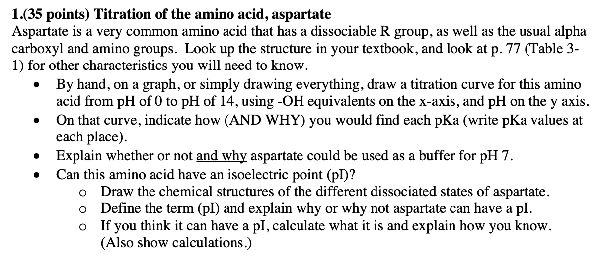 Solved 1.(35 points) Titration of the amino acid, aspartate | Chegg.com