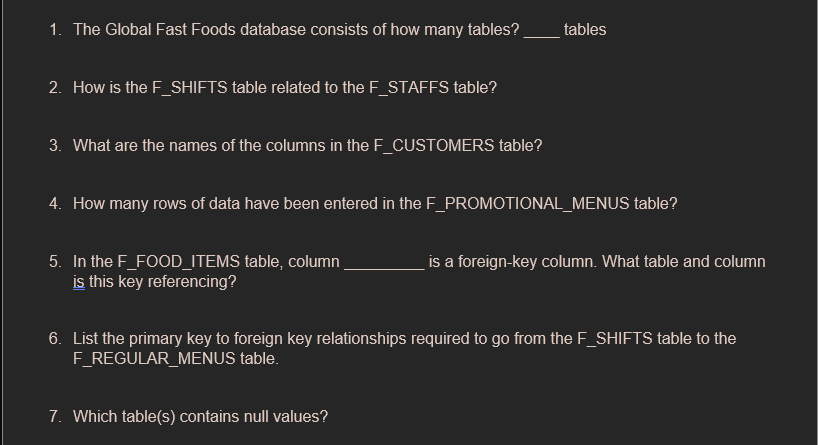 Solved 1. The Global Fast Foods database consists of how | Chegg.com