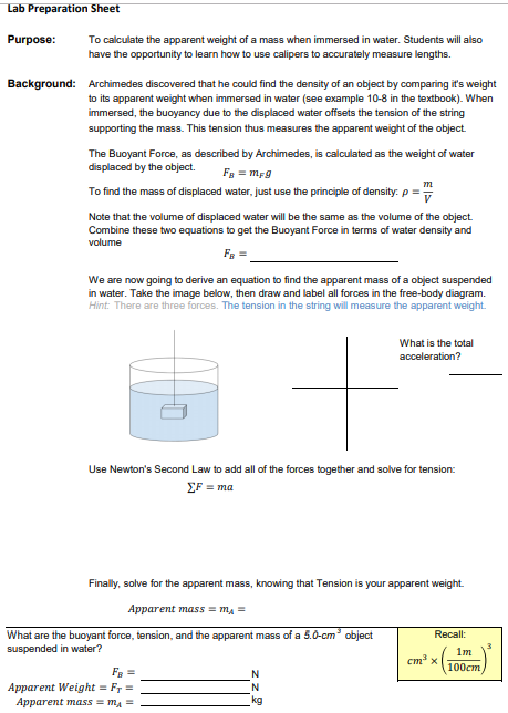 Solved Purpose: To calculate the apparent weight of a mass | Chegg.com