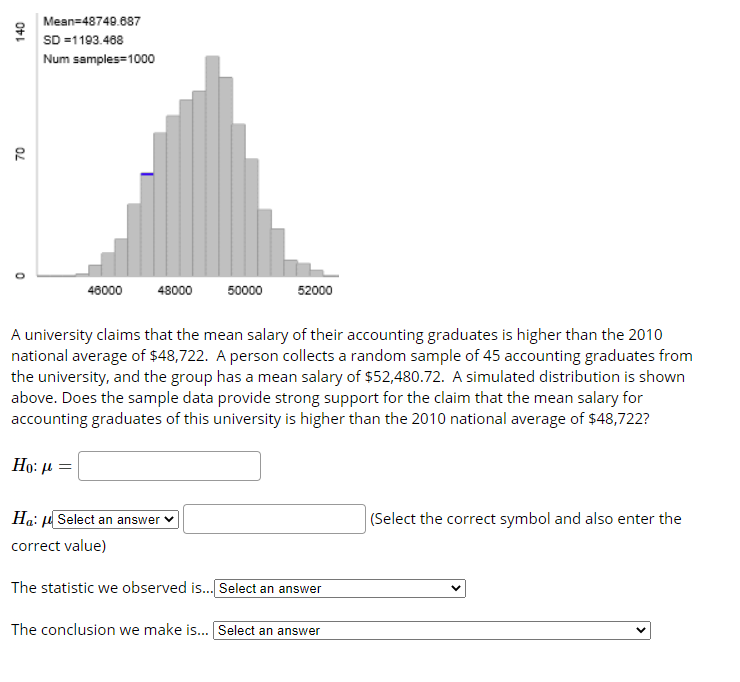 Solved 140 Mean=48749.887 SD =1193.488 Num samples=1000 70 | Chegg.com