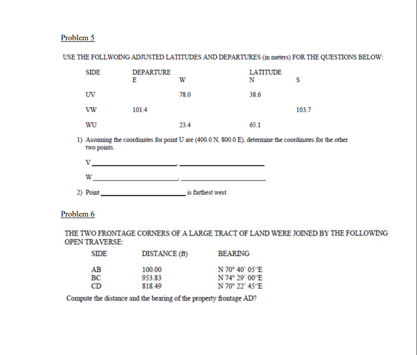 Solved Use the following adjusted latitudes and departures | Chegg.com