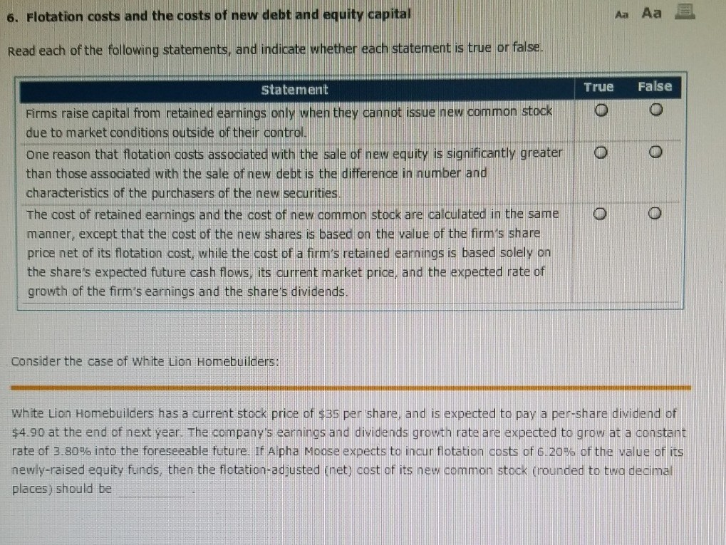 Solved 6. Flotation costs and the costs of new debt and | Chegg.com