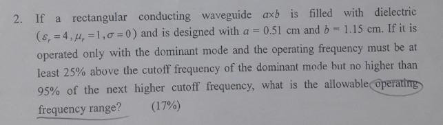 Solved 2. If a rectangular conducting waveguide axb is | Chegg.com