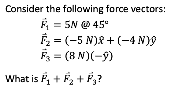 Solved Consider the following force vectors: Ē = 5N @ 45° Ex | Chegg.com