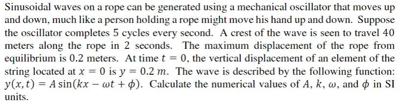Solved Sinusoidal waves on a rope can be generated using a | Chegg.com