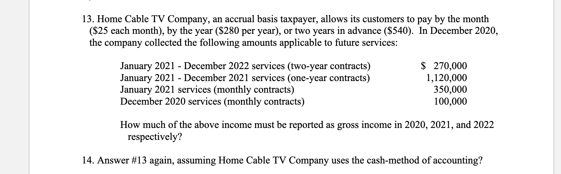 Solved 13. Home Cable TV Company, an accrual basis taxpayer, | Chegg.com