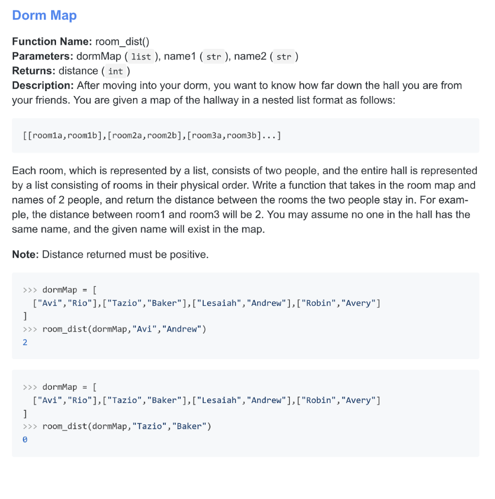 Solved Dorm Map Function Name: room_dist() Parameters: | Chegg.com