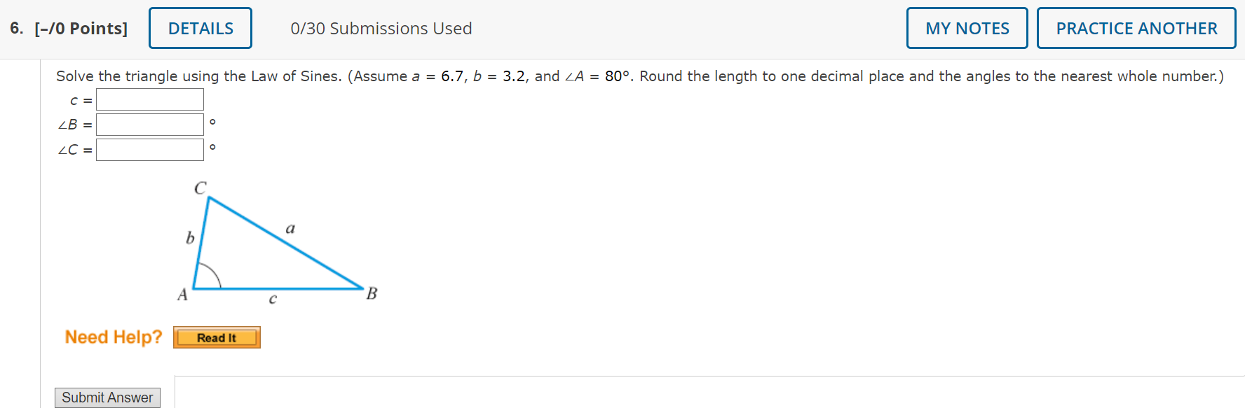 Solved [-10 Points] 0/30 Submissions Used Solve the triangle | Chegg.com