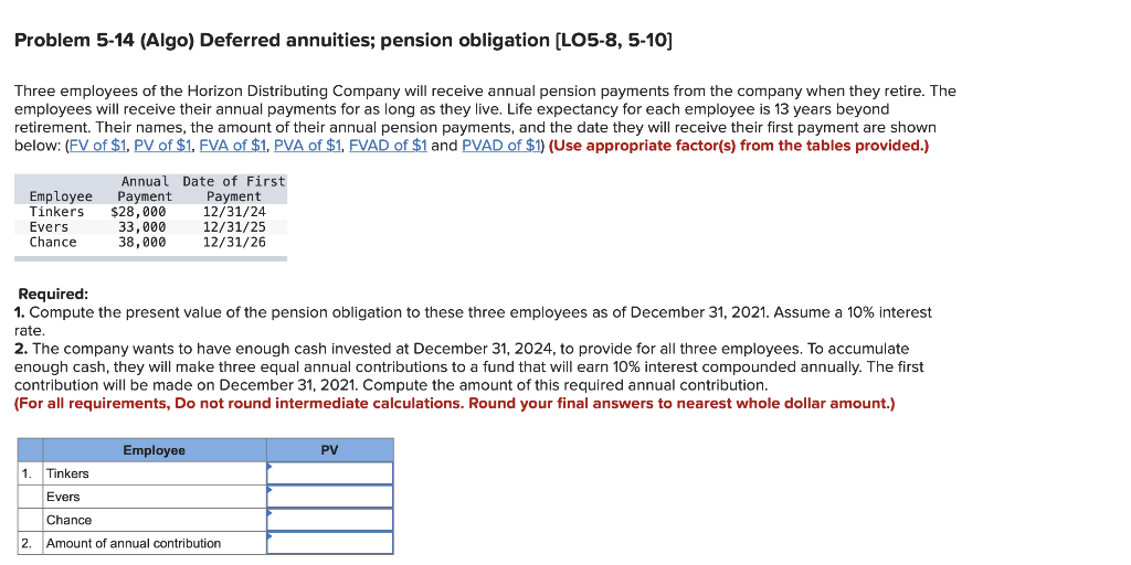 Solved Problem 5-14 (Algo) Deferred annuities; pension | Chegg.com