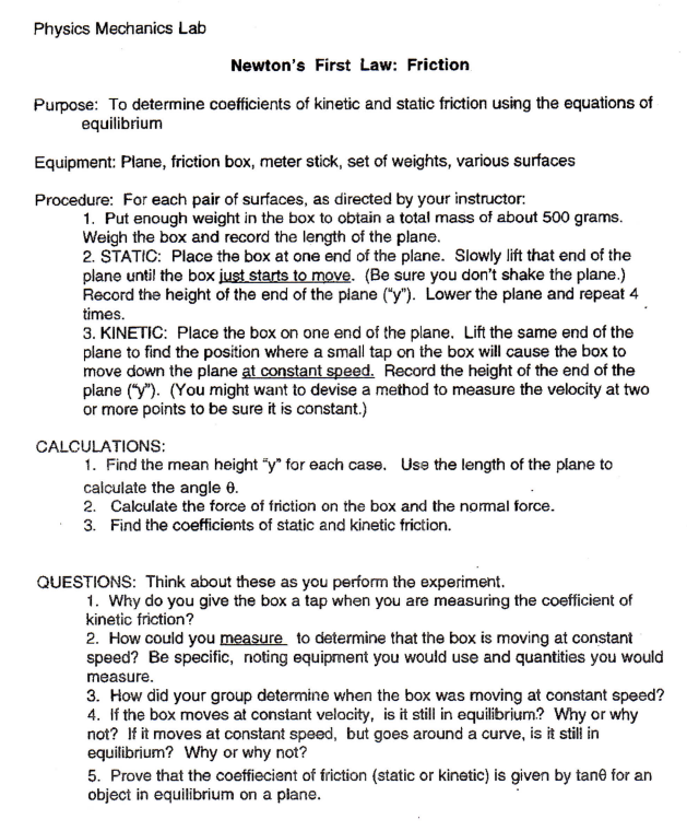 Solved Physics Mechanics Lab Newton's First Law: Friction | Chegg.com