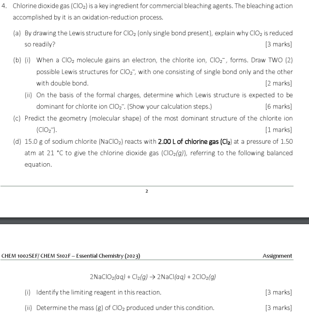 Solved 4. Chlorine dioxide gas (ClO2) is a key ingredient | Chegg.com