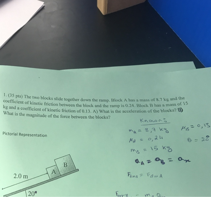 Solved pts) The two blocks slide together down the ramp. | Chegg.com