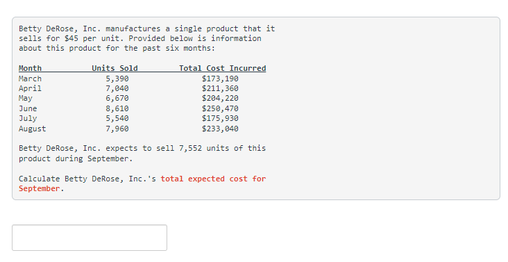 Solved Betty DeRose, Inc. manufactures a single product that | Chegg.com