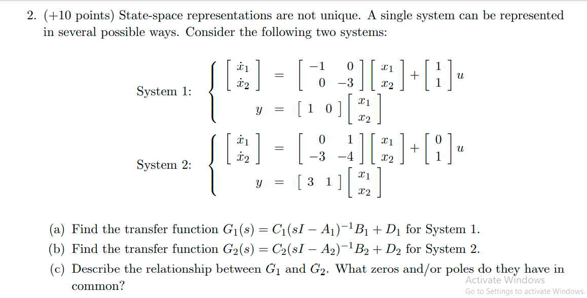 Solved 2. (+10 points) State-space representations are not | Chegg.com