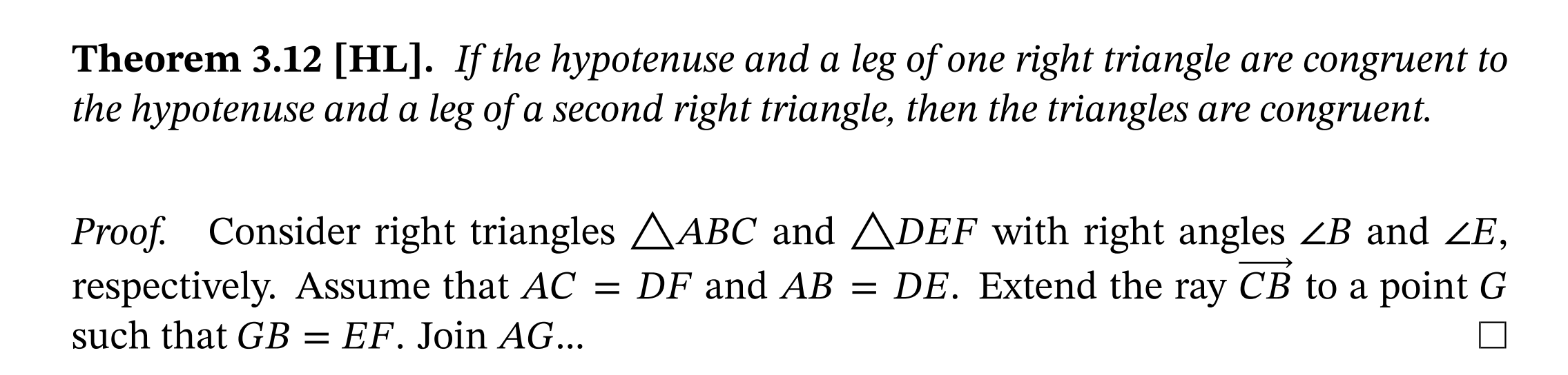 Solved Theorem 3.12 [HL). If the hypotenuse and a leg of one | Chegg.com