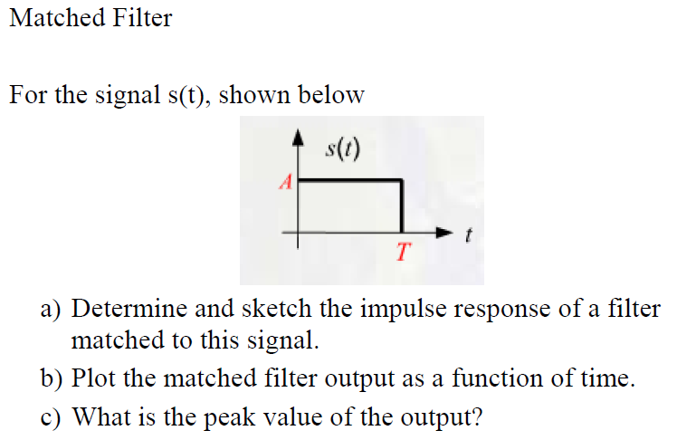 Solved Matched Filter For the signal s(t), shown below a) | Chegg.com