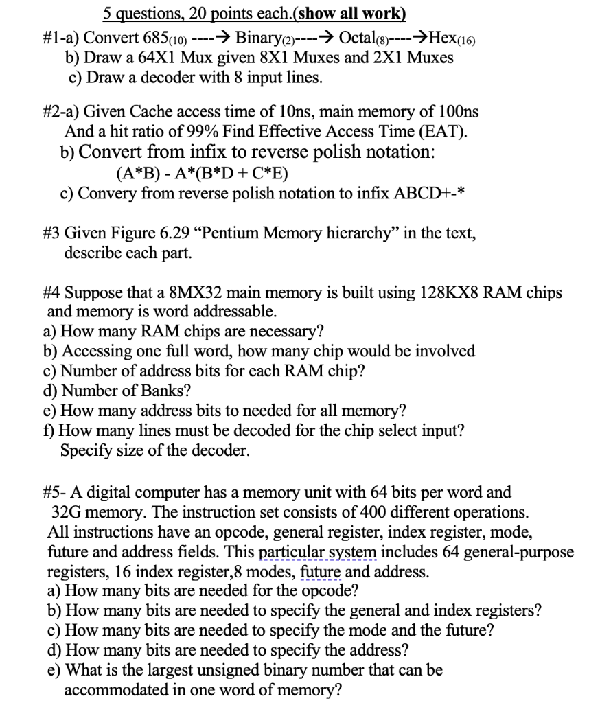 Solved 5 questions, 20 points each.(show all work) \#1-a) | Chegg.com