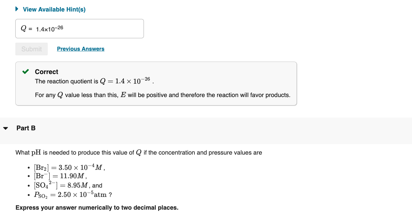 Solved View Available Hint(s) Correct The reaction quotient | Chegg.com