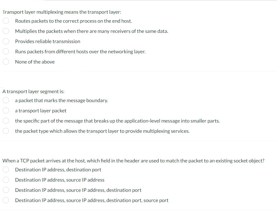 Solved Transport layer multiplexing means the transport | Chegg.com