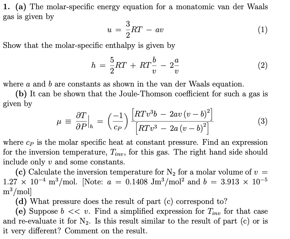 Solved 1. (a) The molar-specific energy equation for a | Chegg.com