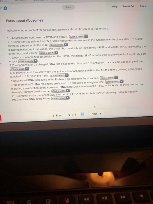 Solved 15 Saved Help Save& Exit Submit Facts about ribosomes | Chegg.com